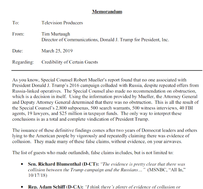 Trump Campaign Memo To TV Producers Warning About 'Credibility' Of Six ...