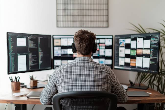 Person working with multiple monitors in a modern office setting ...